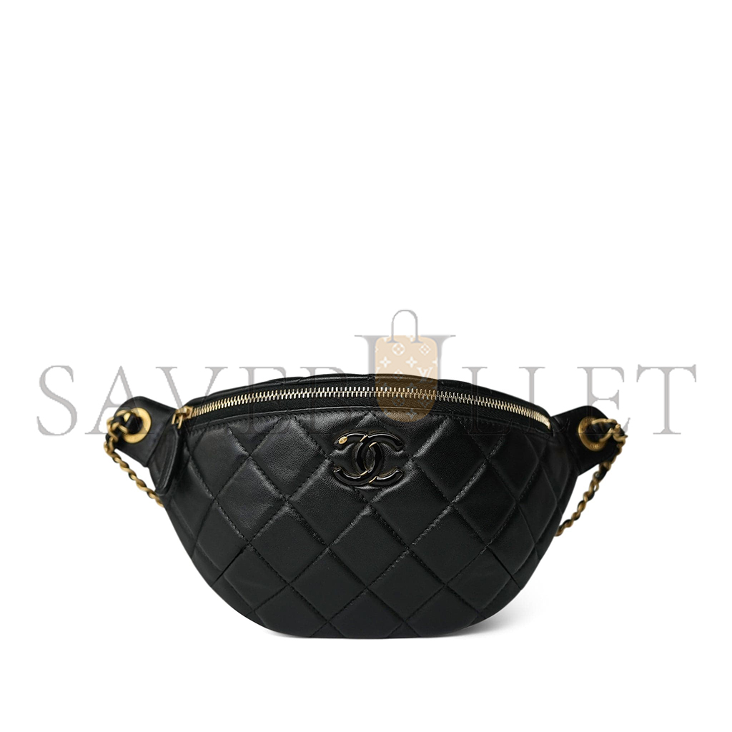 Ch*el 24a Black Lambskin Quilted Waist Bag Bumbag Enamel Cc Chain Aged ...